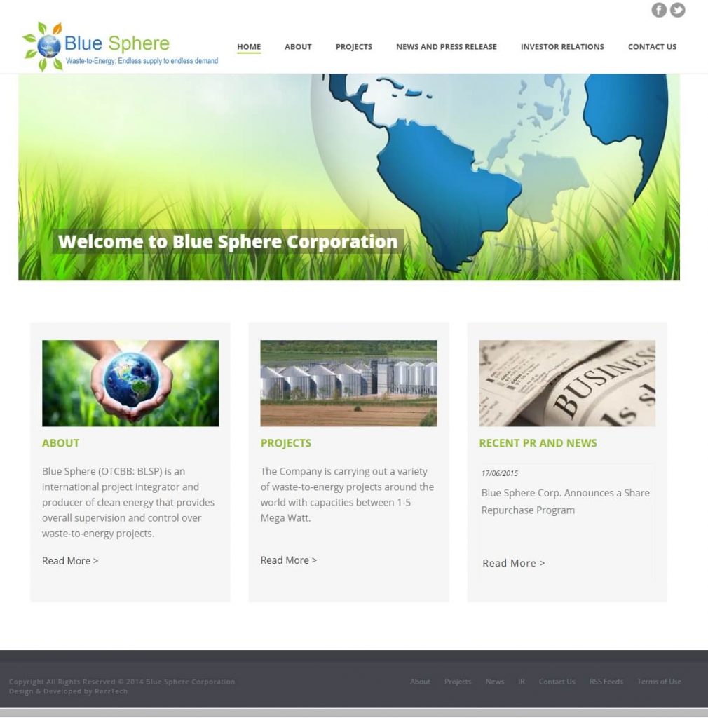 אתר Blue Sphere Corporation - Razztech - עיצוב ובניית אתרים